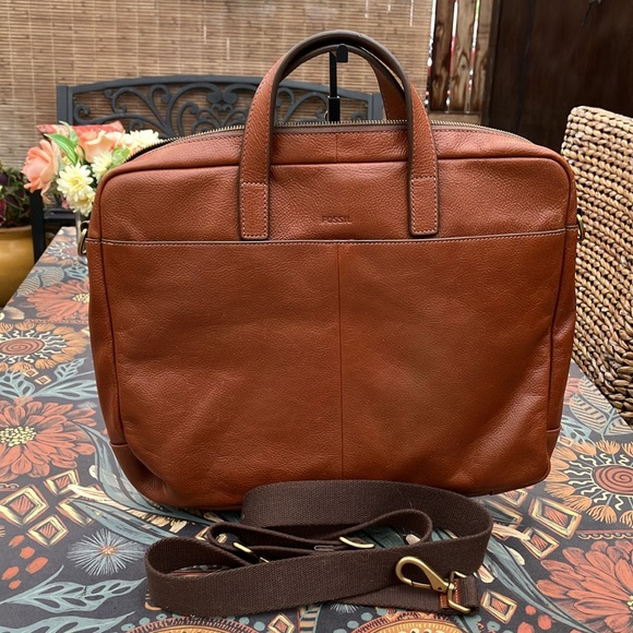Fossil | Bags | Fossil Cognac Leather Workbag Briefcase Laptop Bag ...